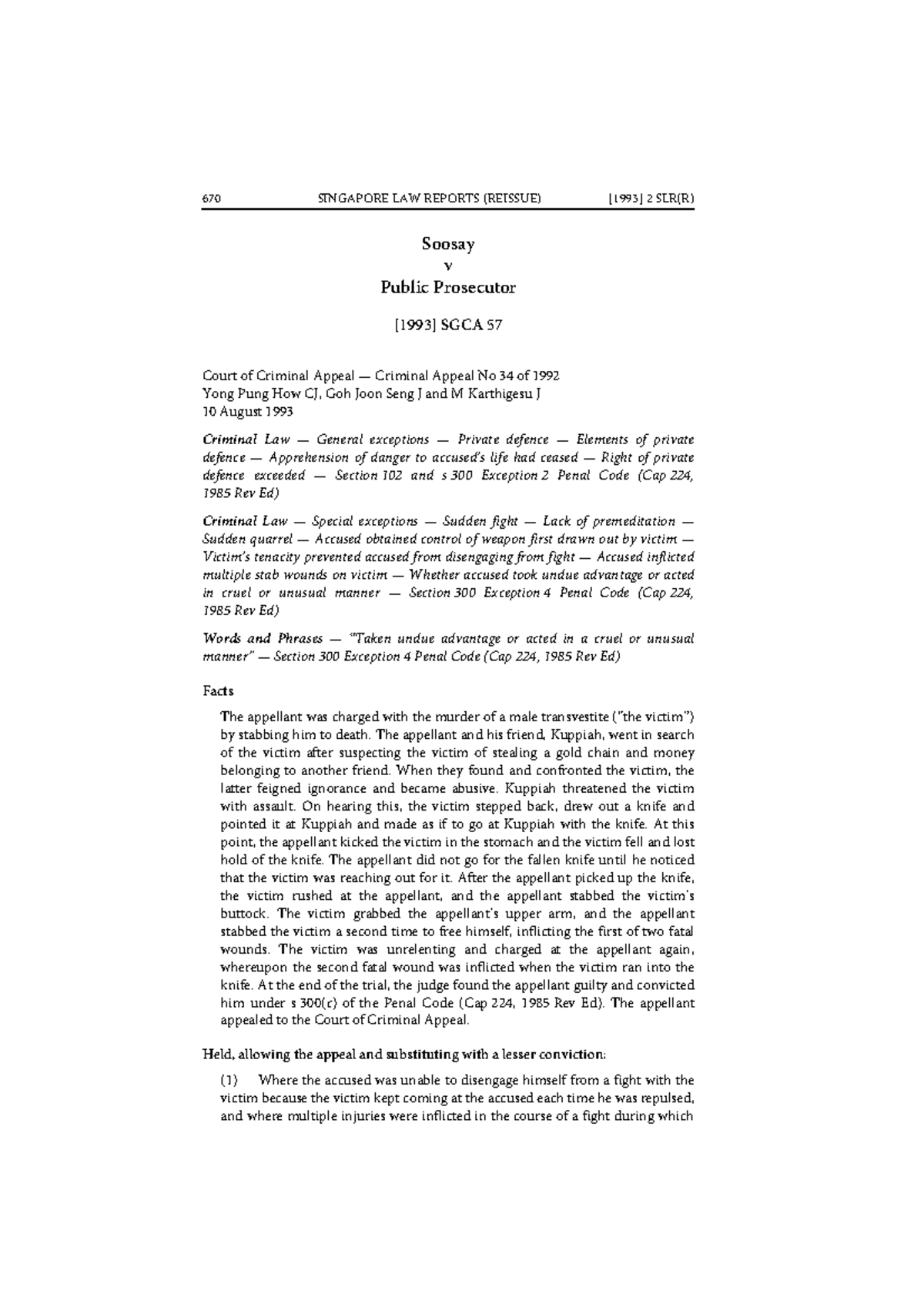 Soosay v PP [1993] SGCA 57: Analysis of Private Defence in Criminal Law ...