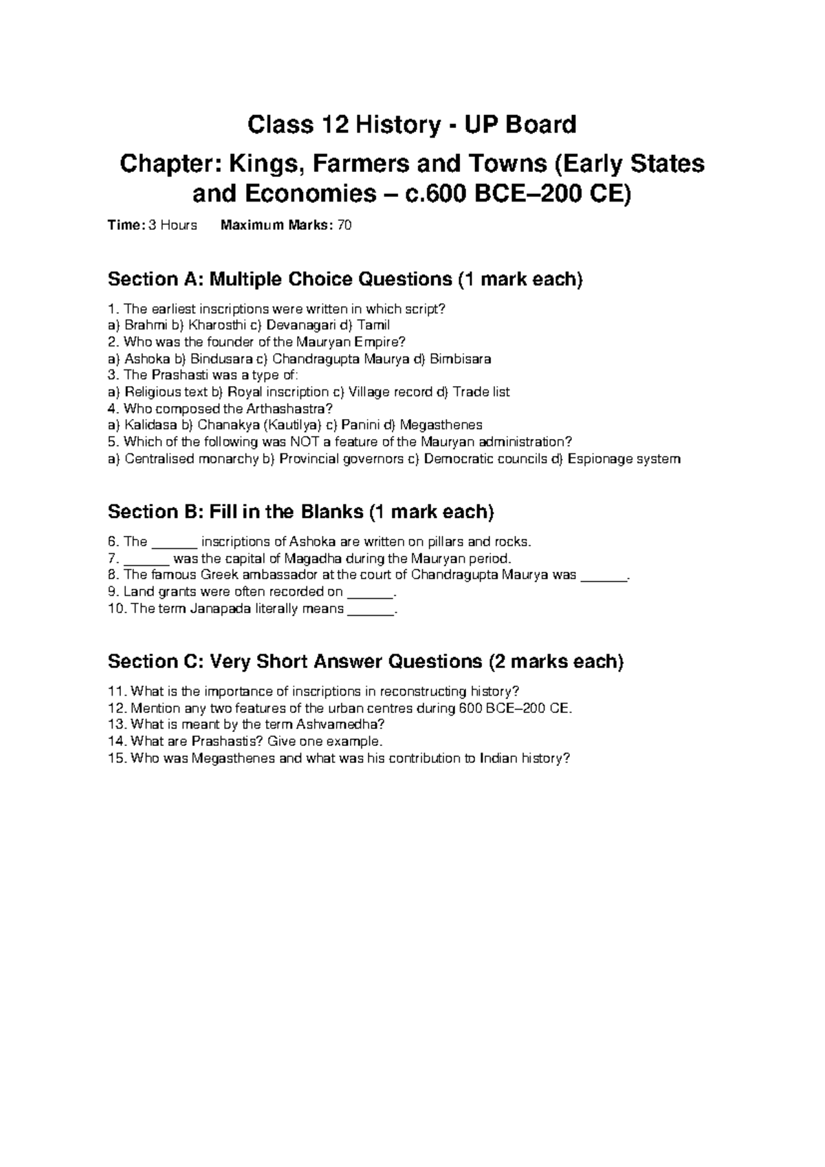 Class 12 History UP Board: Kings, Farmers, and Towns Question Paper ...