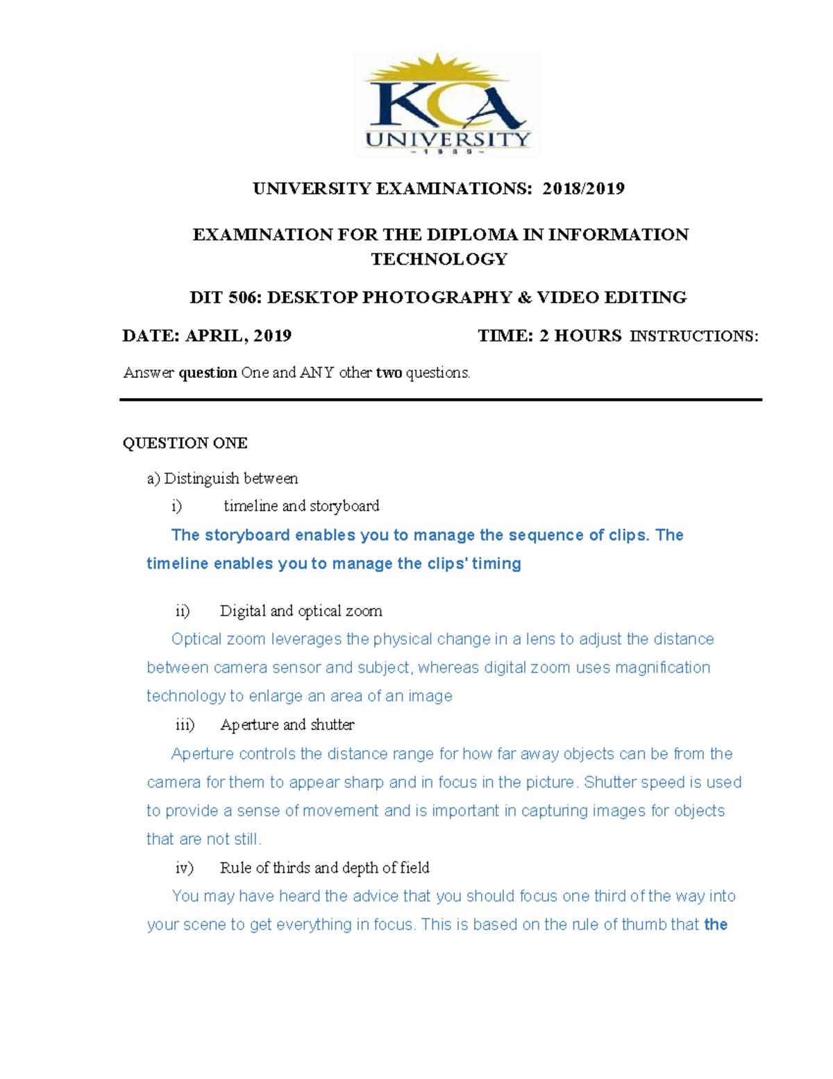 DIT506 Final Exam: Desktop Photography & Video Editing Guide - Studocu