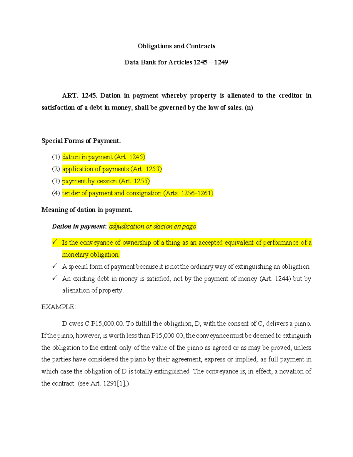 Obligations and Contracts: Insights on Articles 1245-1249 - Studocu