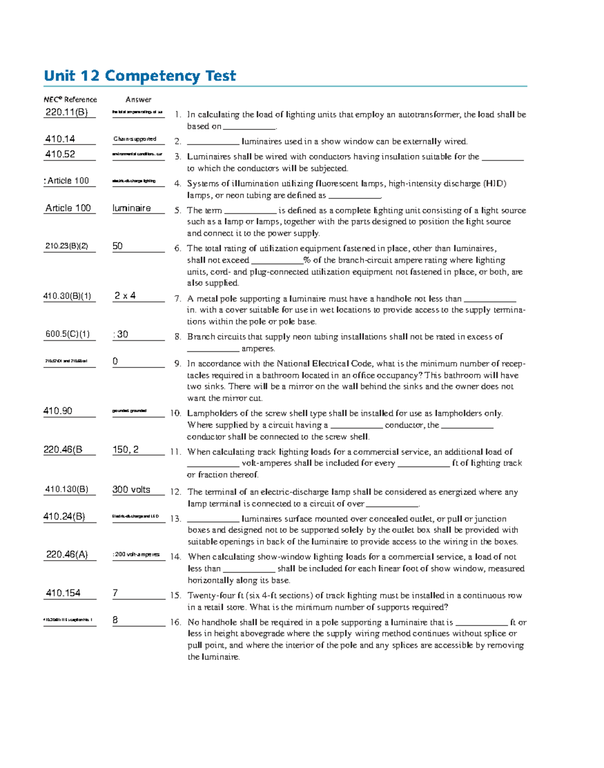 Unit 12 Competency Test NEC Reference Answers and Review Questions ...