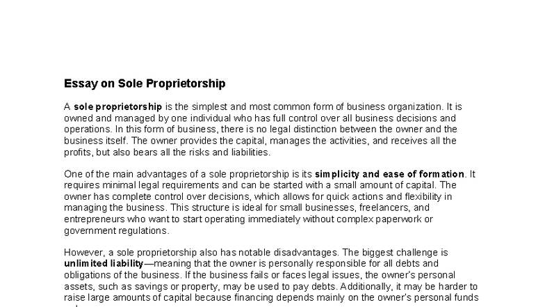Sole Proprietorship: An In-Depth Essay on Business Structure - Studocu