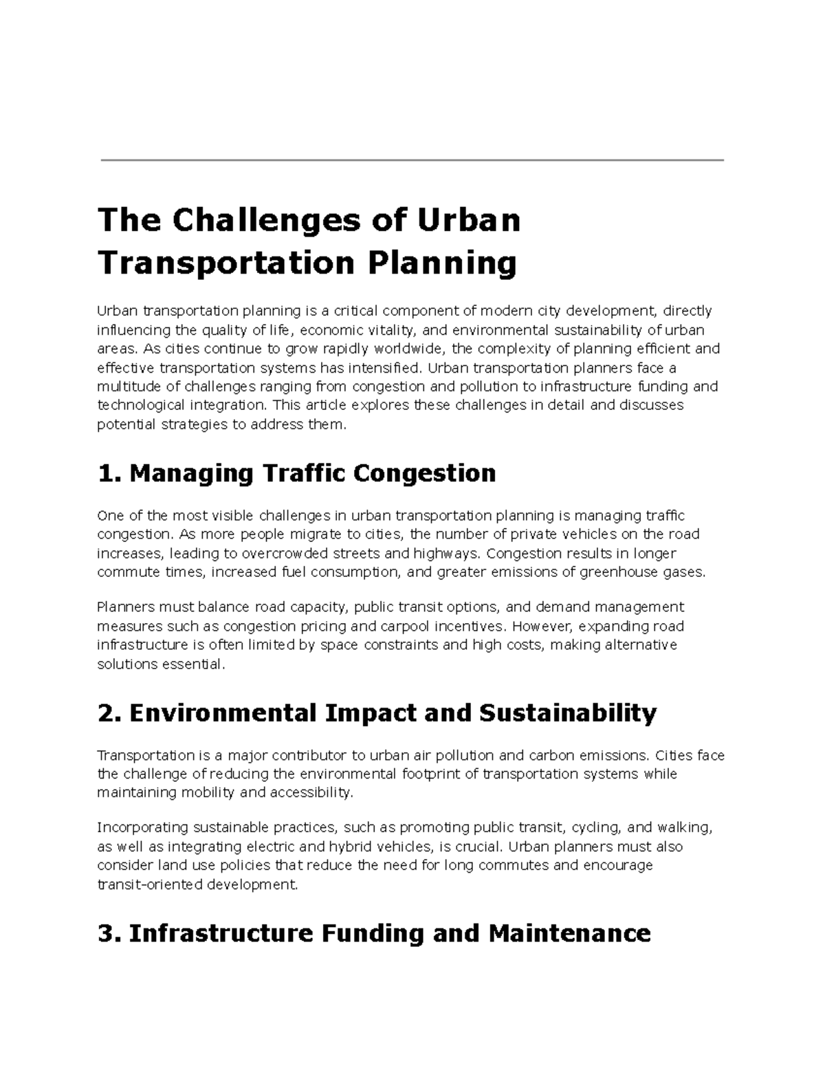 Urban Transportation Planning Challenges: Strategies & Solutions - Studocu