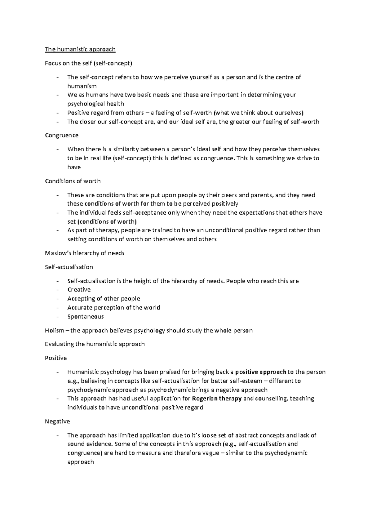 Humanistic Approach: Focus on Self and Psychological Health - Studocu