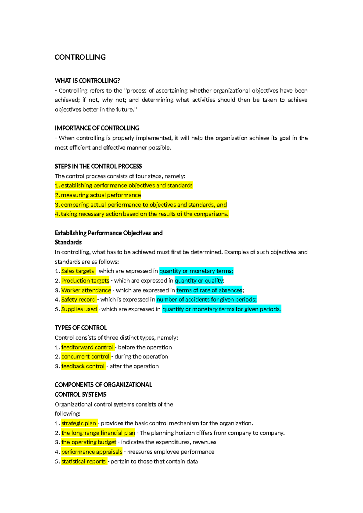 Controlling in Organizations: Objectives, Processes, and Types - Studocu