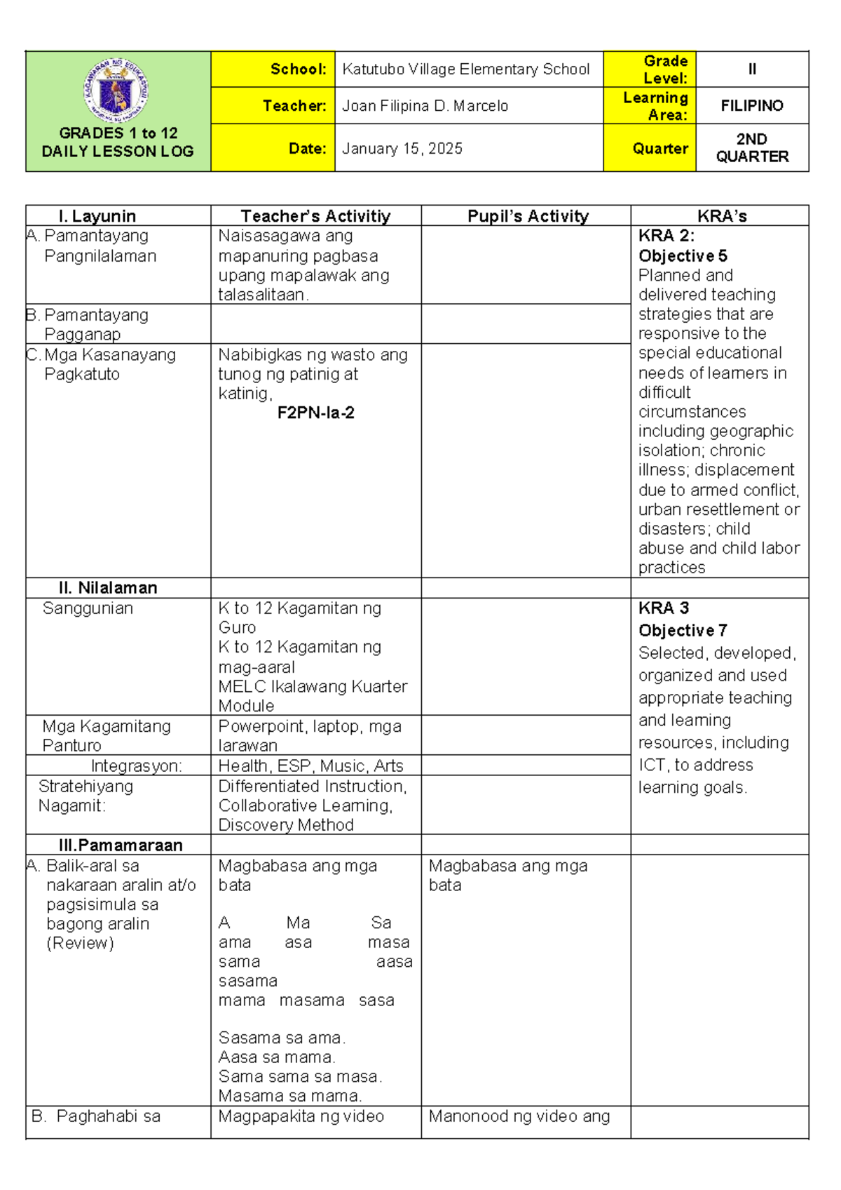 COT GR2 LP Q2 Filipino 1 - Daily Lesson Log for Grade 2 - Studocu