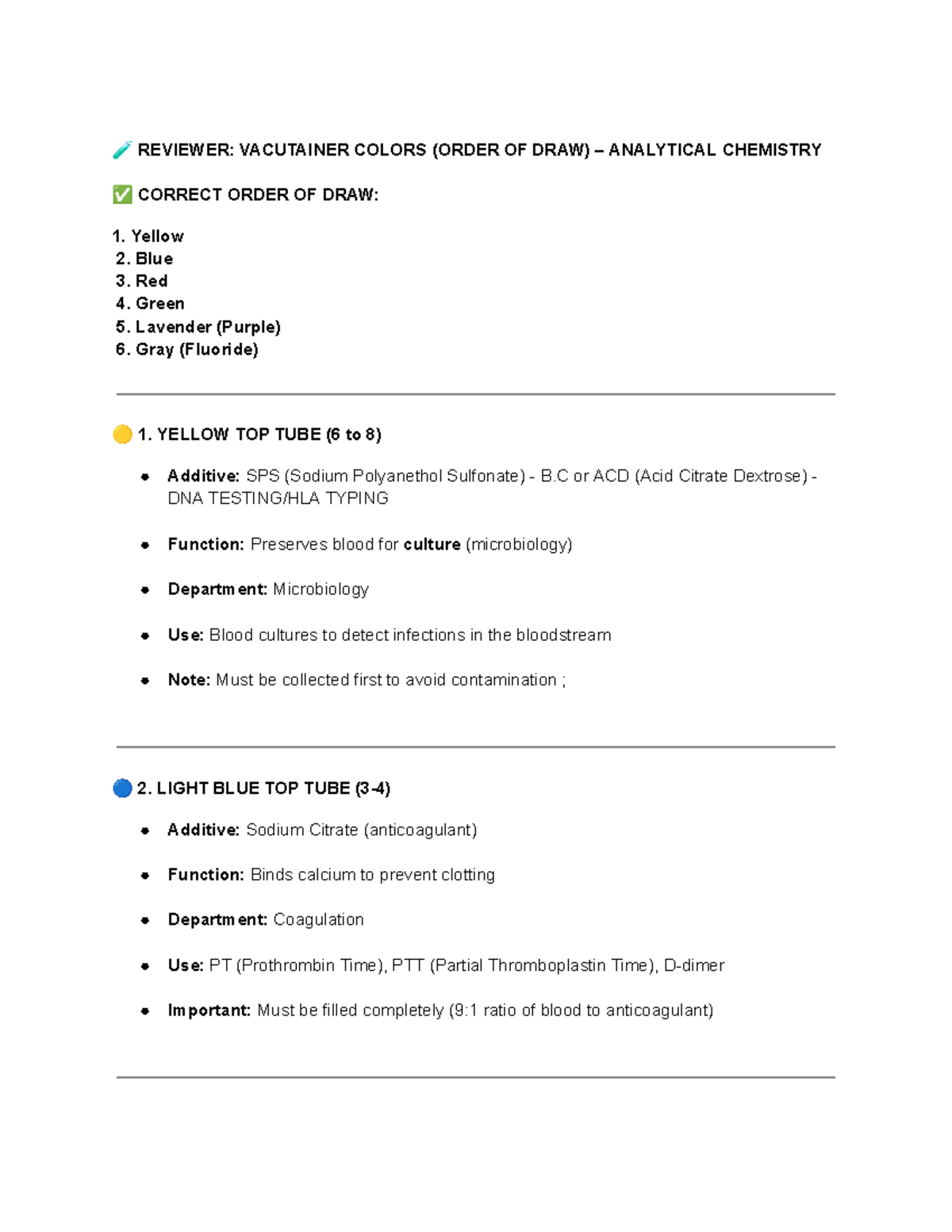REVIEWER: VACUTAINER COLORS & ORDER OF DRAW (ANALYTICAL CHEMISTRY ...