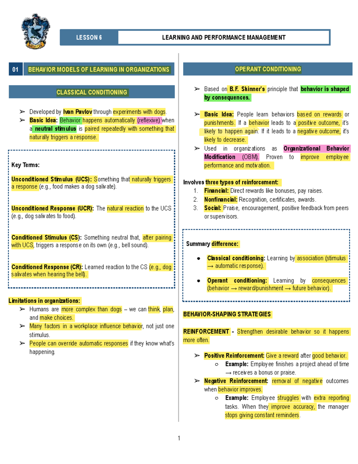 HBO Lesson 6 - Learning & Performance Management: Behavior Models - Studocu