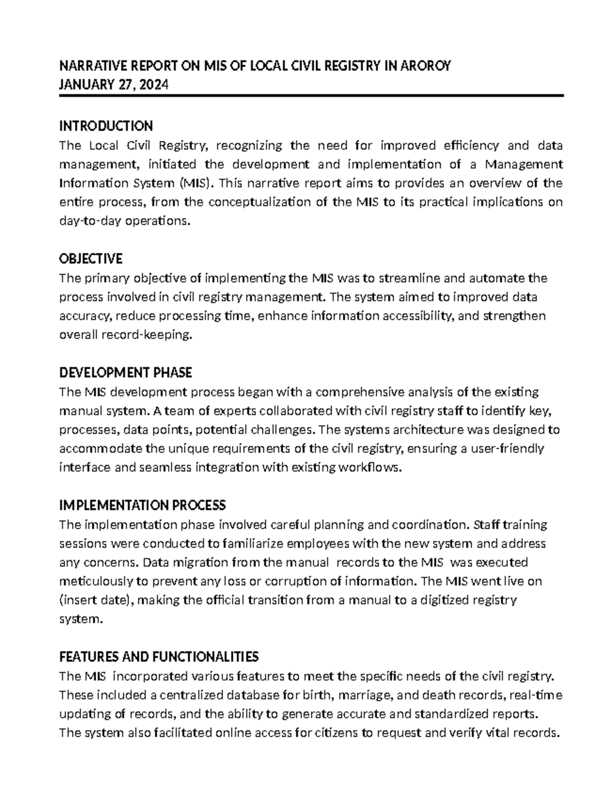 Final Narrative Report on MIS for Local Civil Registry (Jan 2024) - Studocu