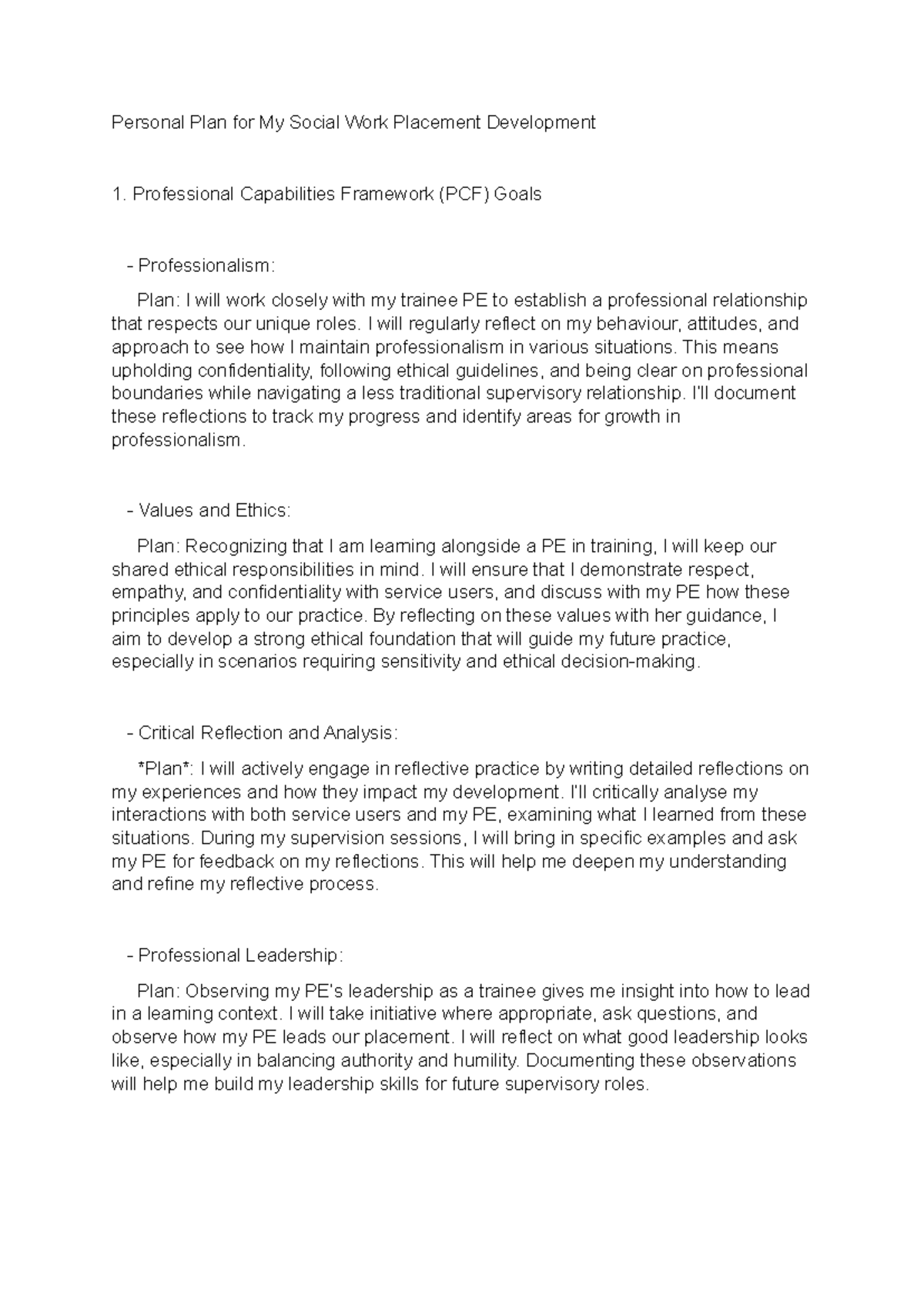 Personal Development Plan for Social Work Placement (SWK 101) - Studocu