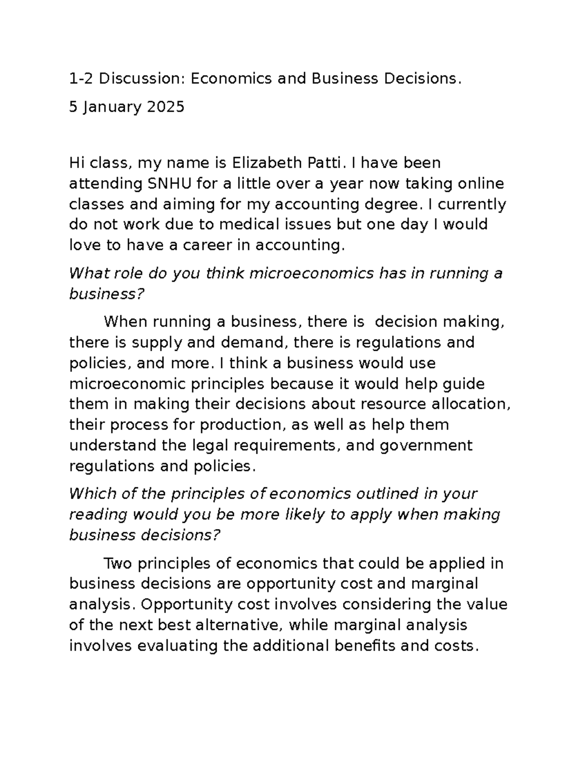 Discussion: Economics & Business Decisions - Module One Insights - Studocu