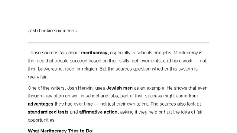 Josh Henkin Summaries: Meritocracy, Affirmative Action & Reparations ...