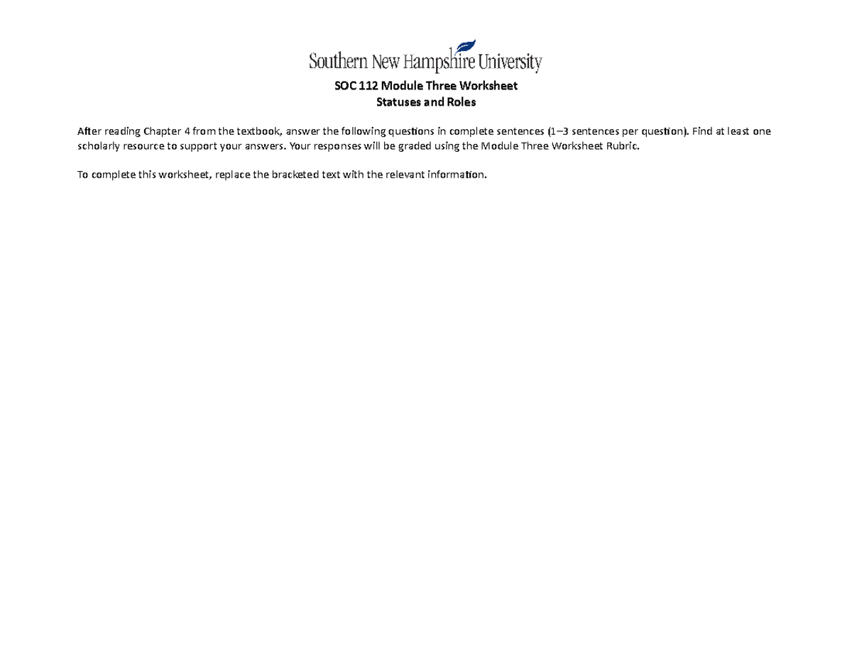 SOC 112 Module 3 Worksheet: Exploring Statuses and Roles in Society ...