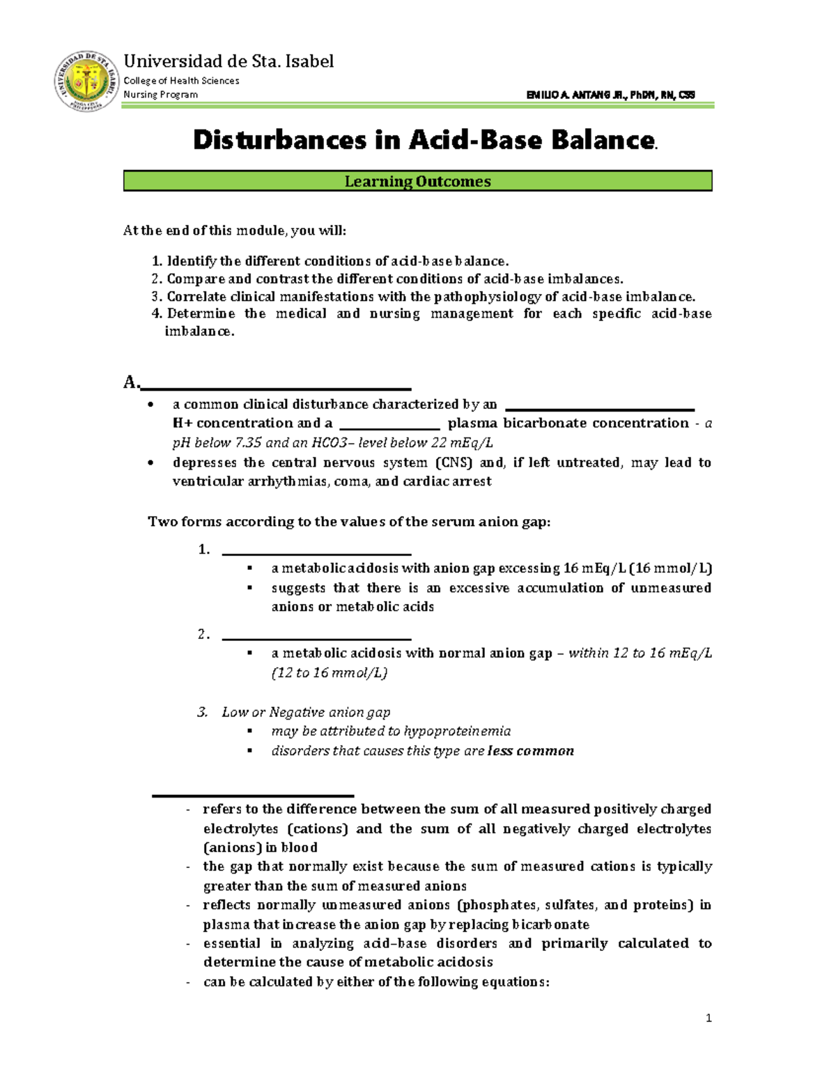 Disturbances in Acid Base Balance Handout Student Handout - College of ...