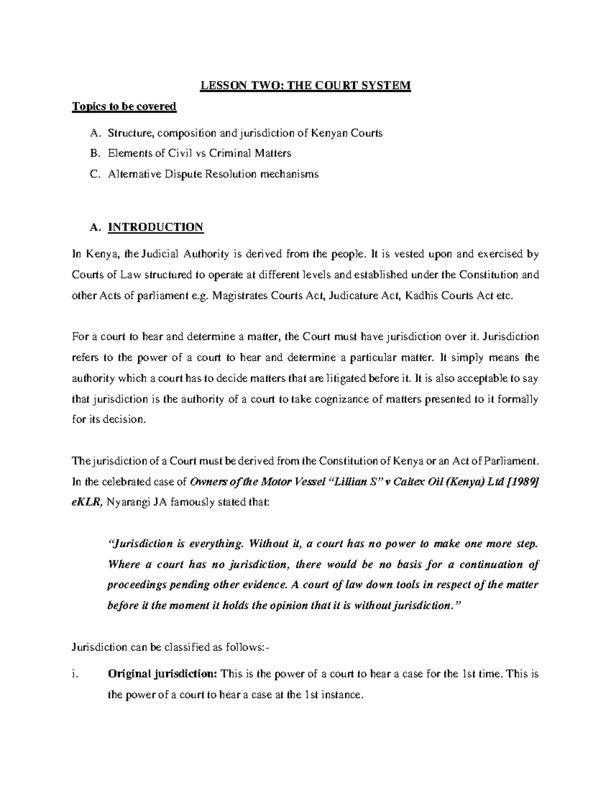 LESSON 2: THE COURT SYSTEM IN KENYA - STRUCTURE & JURISDICTION - Studocu