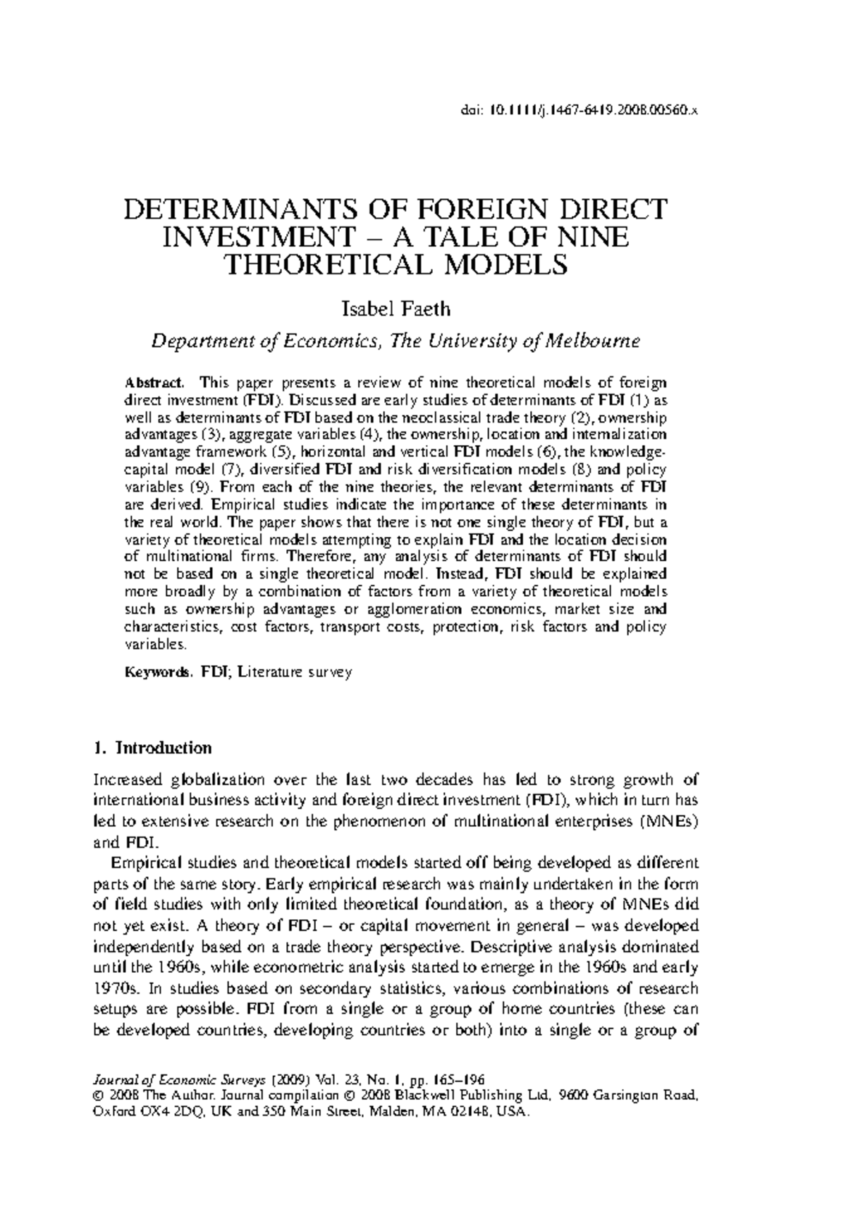 Determinants OF Foreign Direct Investmen - doi: 10.1111/j.1467-6419. ...
