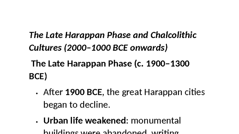The Late Harappan Phase & Chalcolithic Cultures (BCE Onwards) - Studocu
