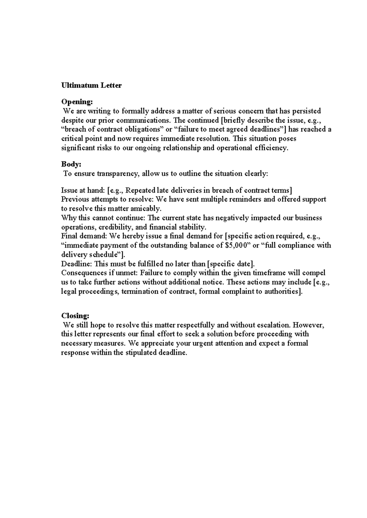 Ultimatum Letter: Final Demand for Immediate Resolution - Studocu