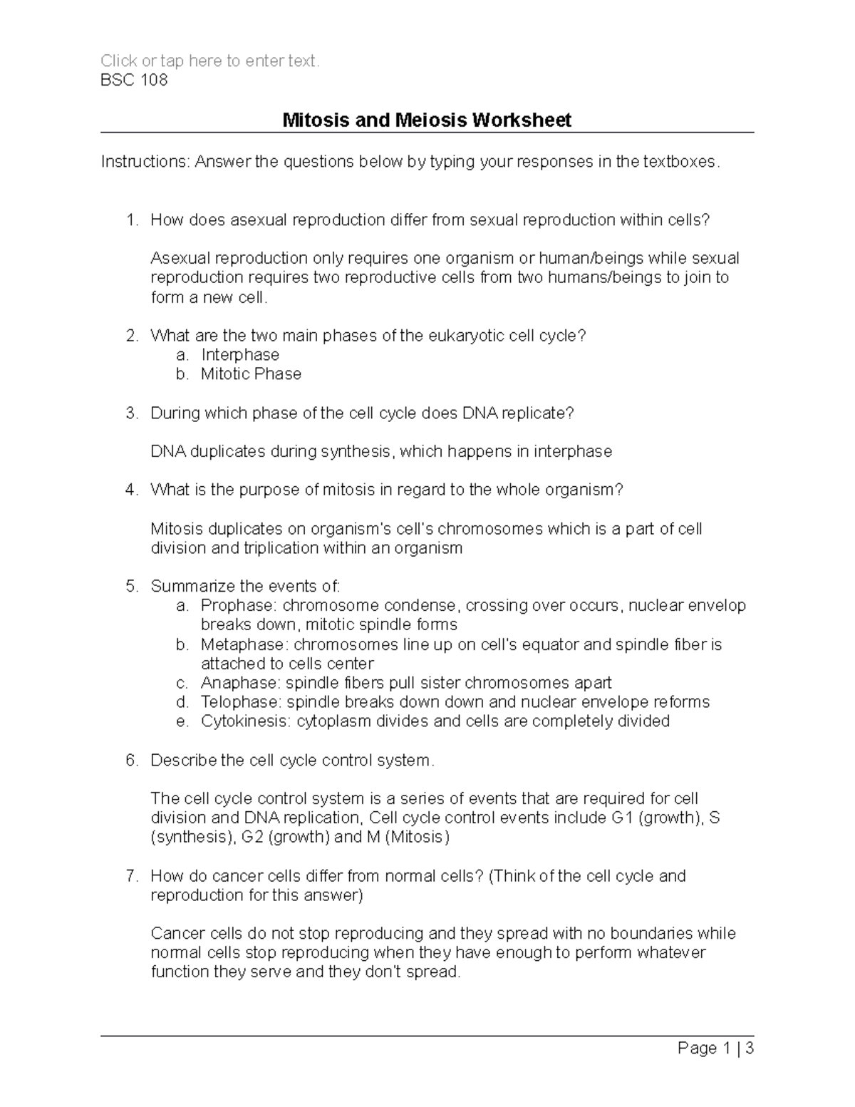 BSC 108 Mitosis and Meiosis Worksheet: Key Concepts Explained - Studocu