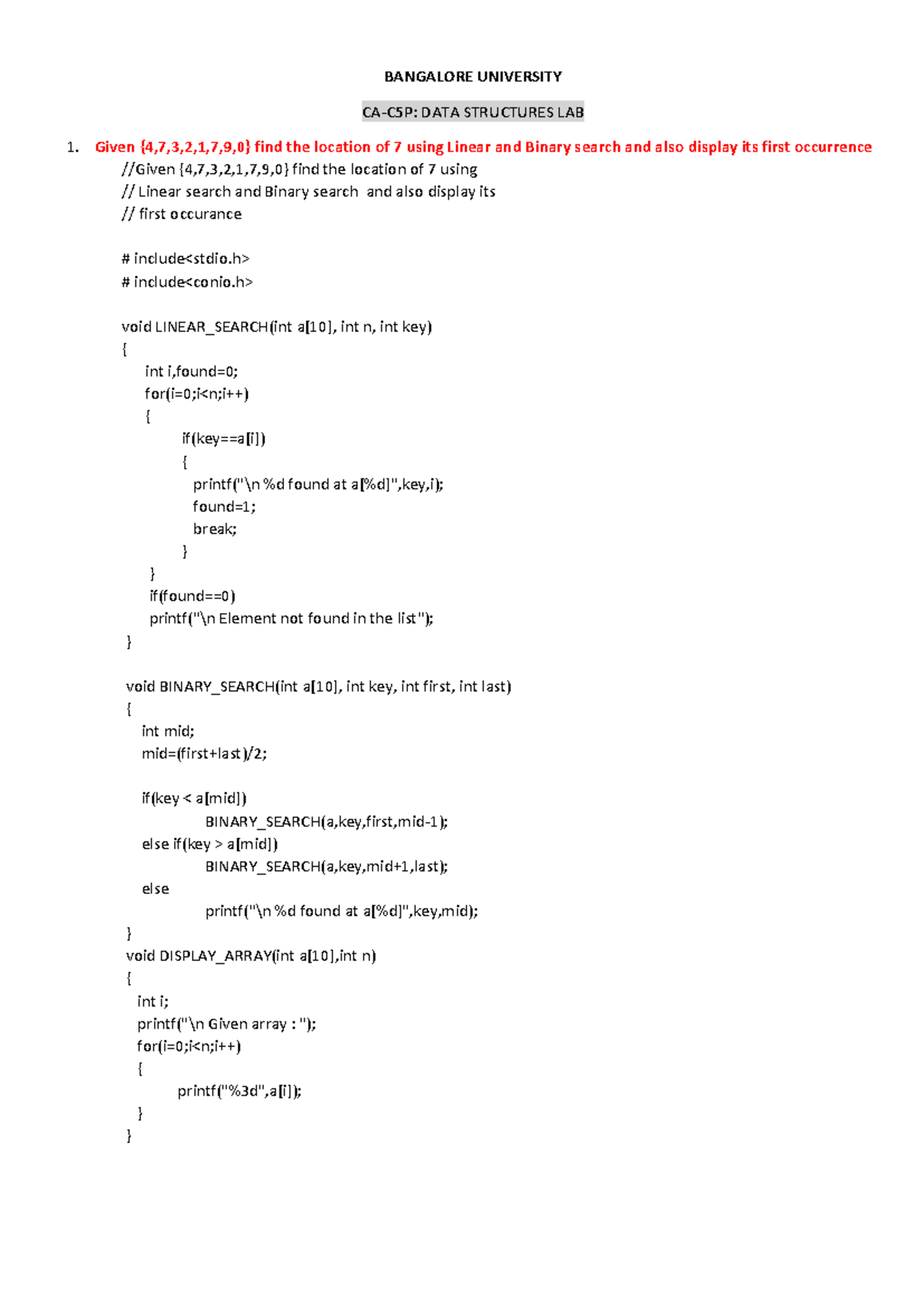 DS-LAB- Manual - Ds lab program - BANGALORE UNIVERSITY CA-C5P: DATA STRUCTURES LAB Given - Studocu