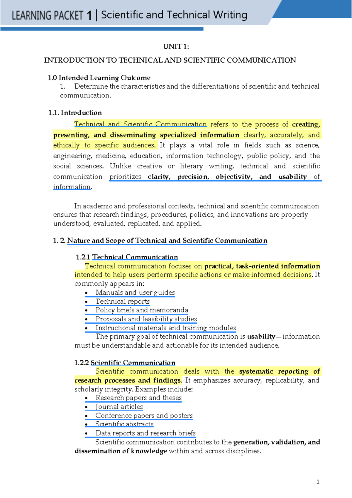 Module IN: Scientific and Technical Writing - Unit 1 Overview - Studocu