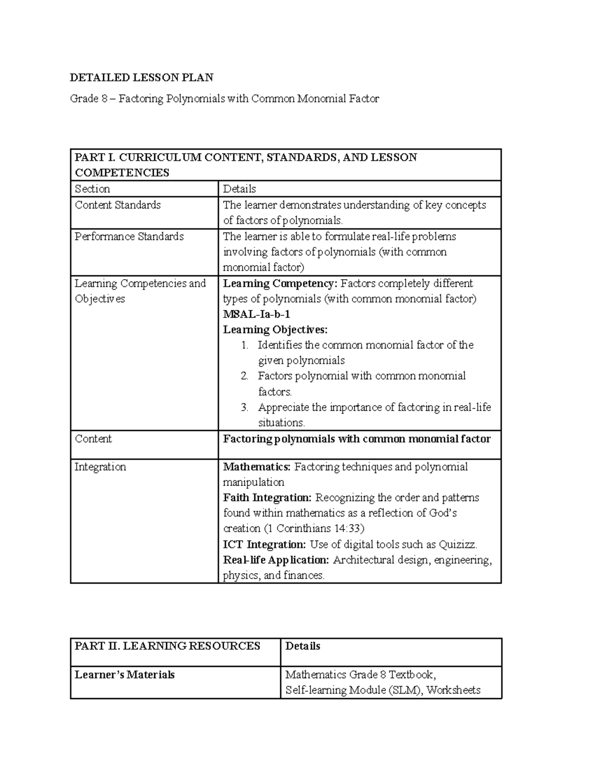 Grade 8 Math Lesson Plan: Factoring Polynomials with GCF - Studocu