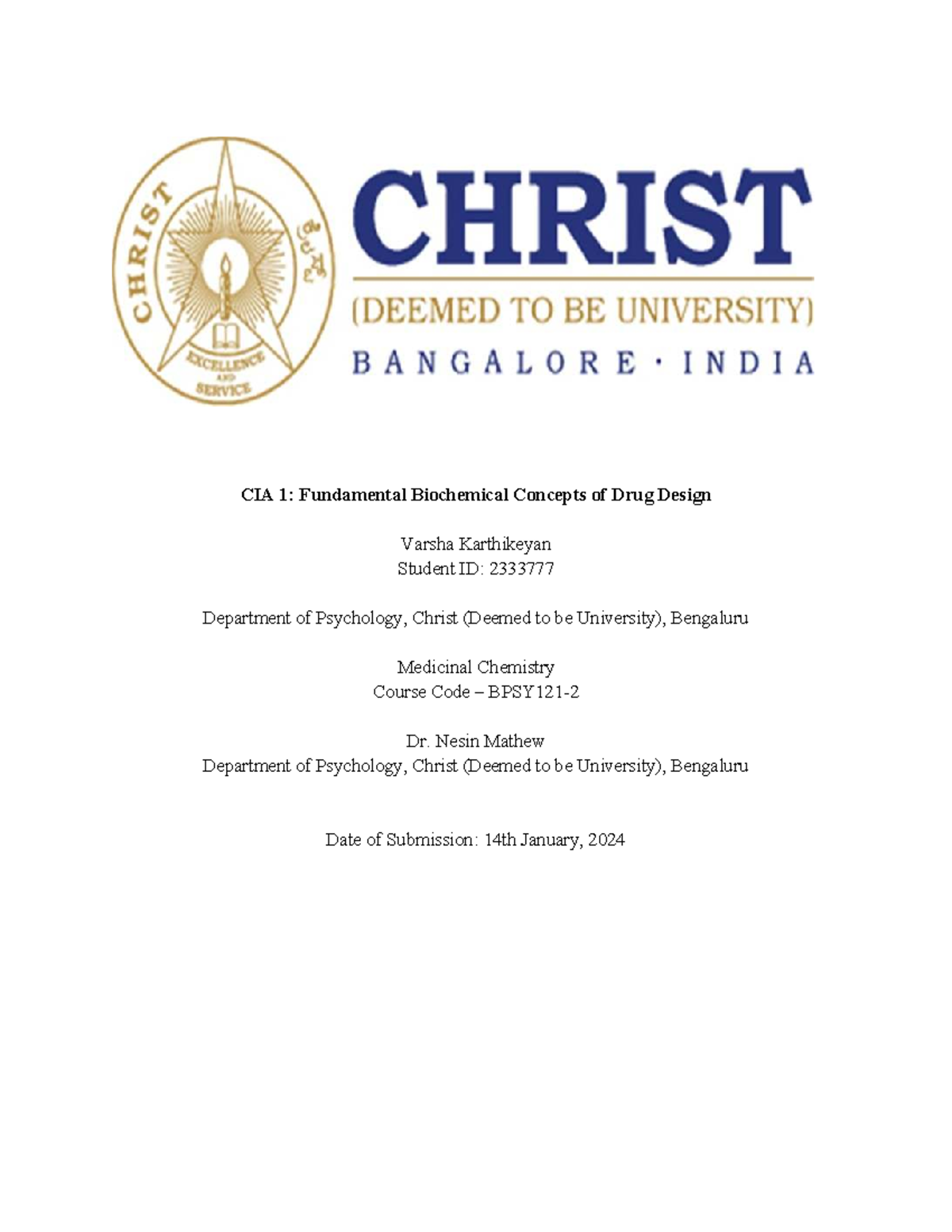 CIA 1: Fundamentals of Drug Design in Medicinal Chemistry - Studocu