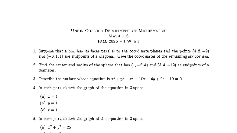 Math 115 Fall 2025 - HW 1: Problems & Solutions - Studocu