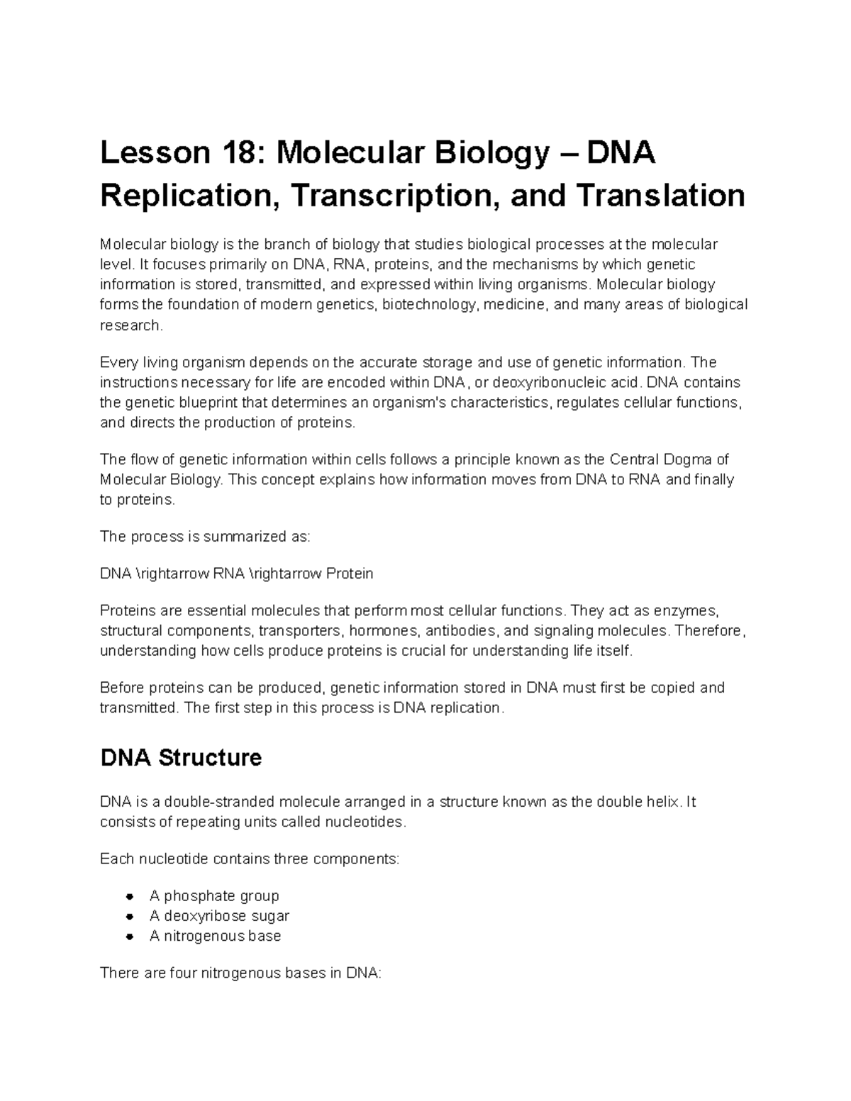 Lesson 18: Molecular Biology - DNA Replication, Transcription ...