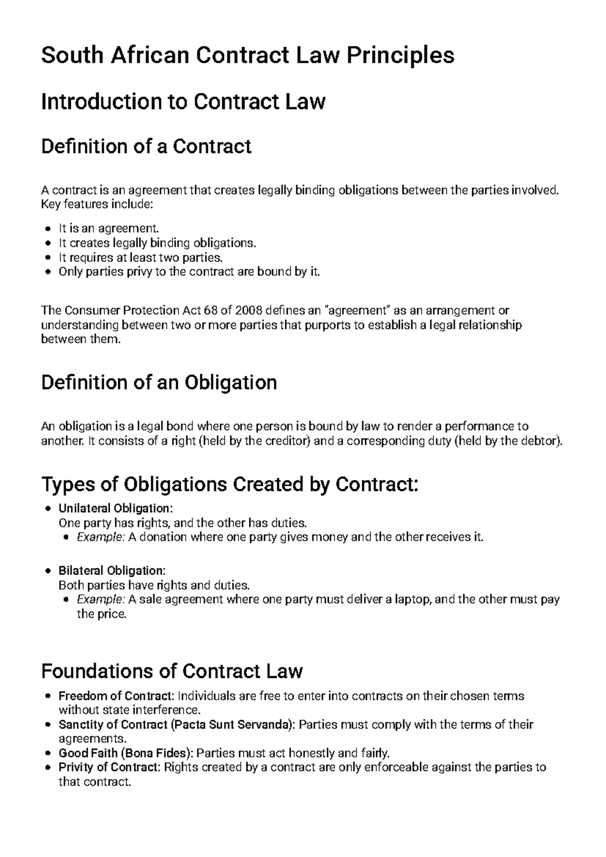 South African Contract Law (LAW101) Study Guide: Key Principles and ...