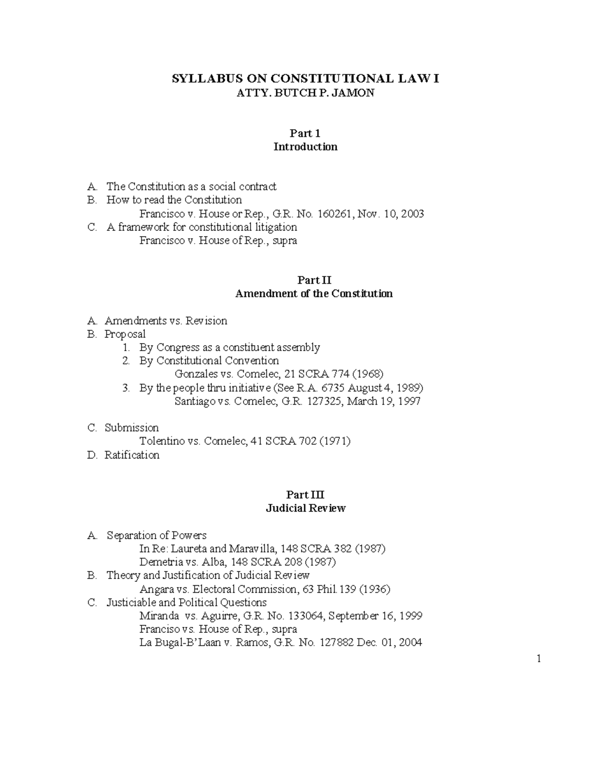 SYLLABUS FOR CONSTITUTIONAL LAW I (CONST 1) BY ATTY. JAMON - Studocu