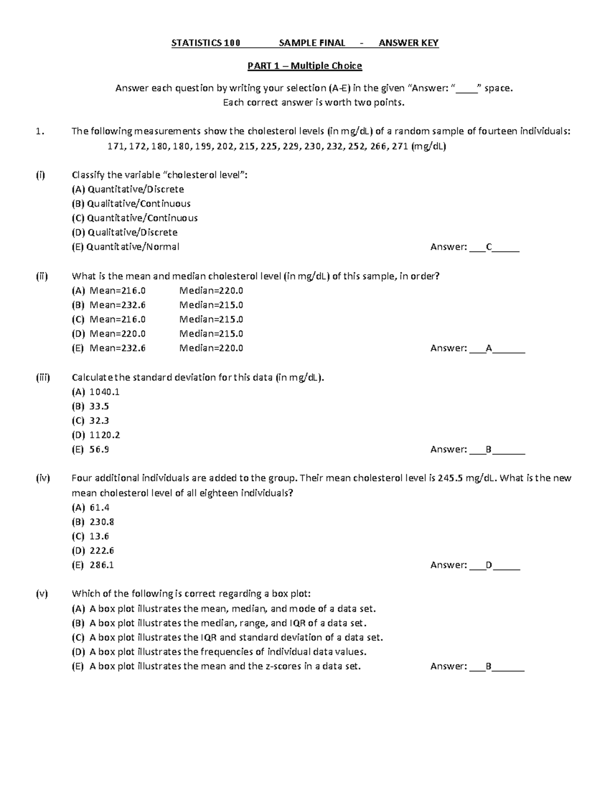 Statistics 100 sample final exam answer key part 1 - Studocu