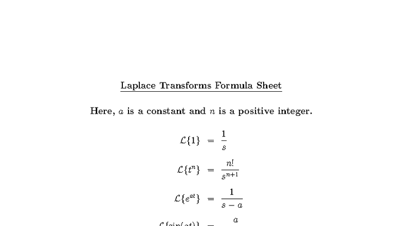 Formula Sheet for Laplace Transforms - Engg2400 - Laplace Transforms ...