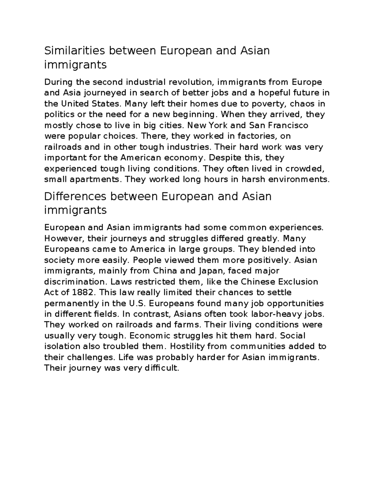Similarities and Differences Between European and Asian Immigrants ...