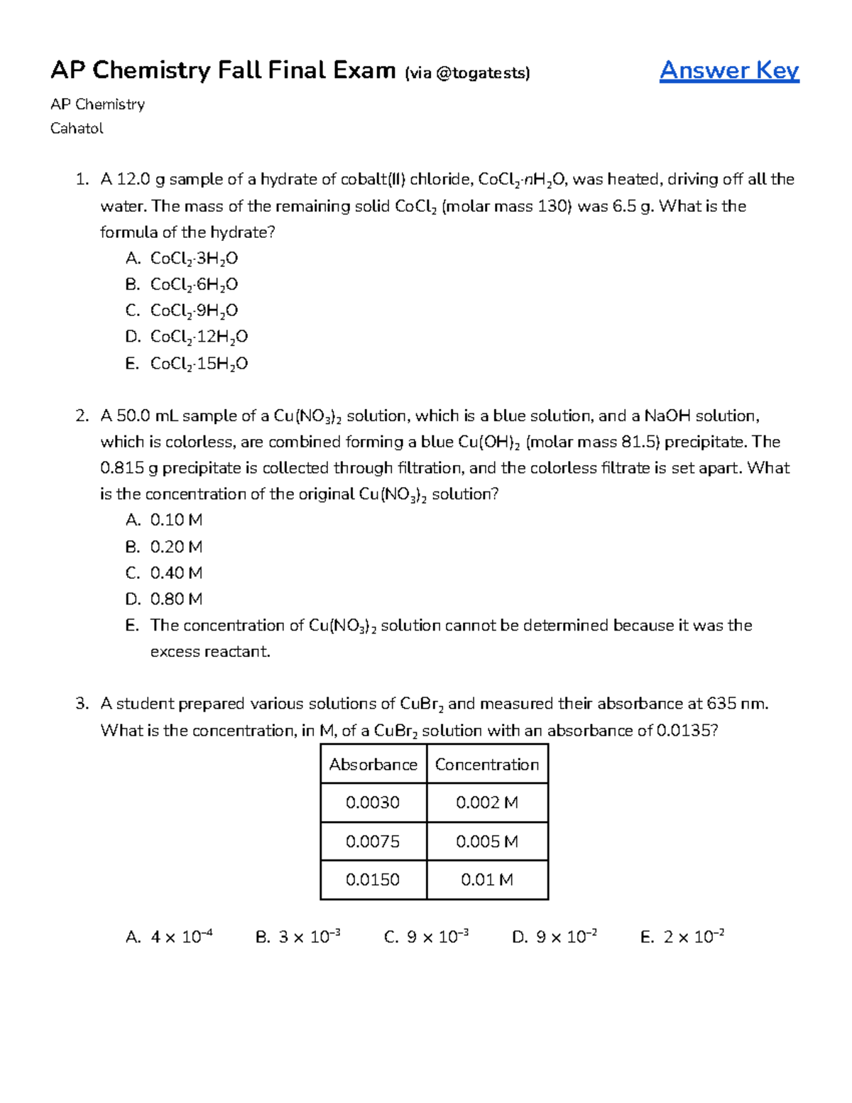 AP Chemistry Fall Final Exam 2024 (Cahatol) - AP Chemistry Fall Final ...