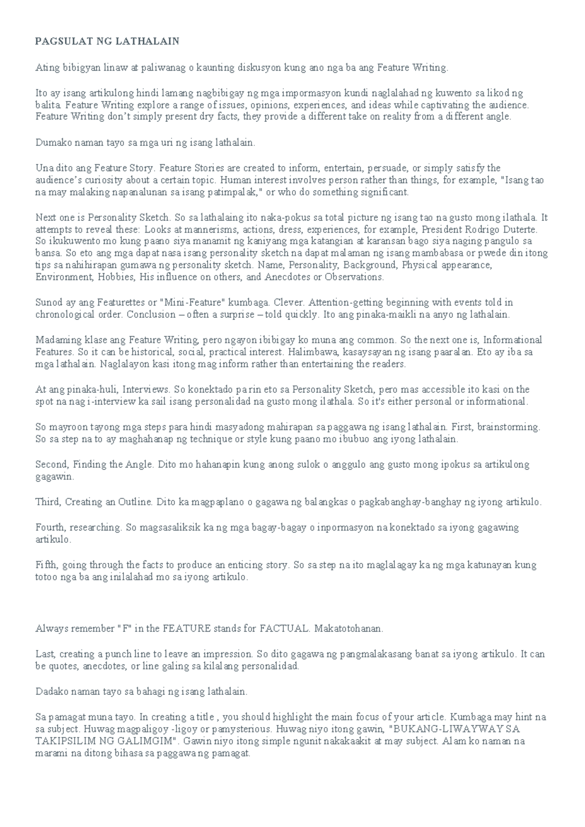 Pagsulat ng Lathalain: Mga Kaalaman sa Feature Writing Techniques - Studocu