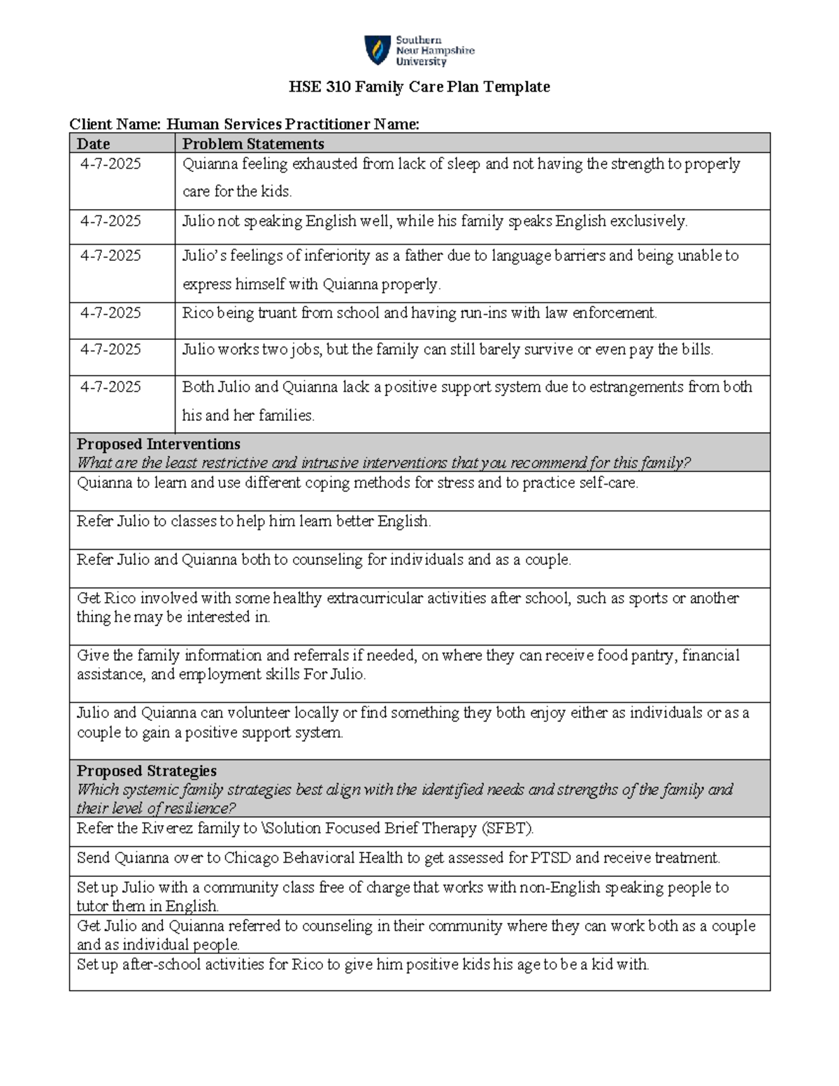 HSE 310 Family Care Plan: Interventions & Resources for the Riverez ...