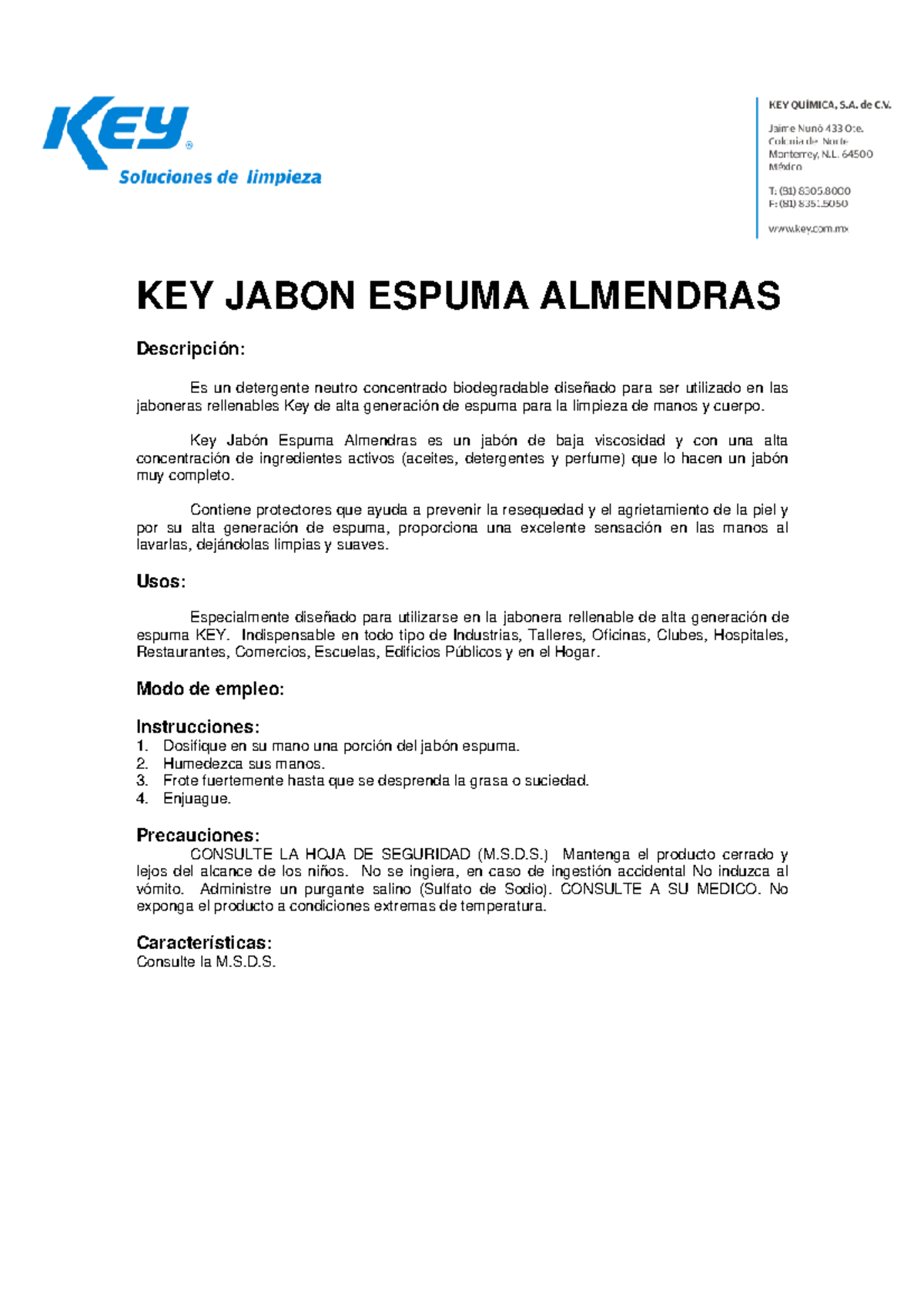 KEY Jabón Espuma Almendras (6123): Detergente Neutro Concentrado - Studocu