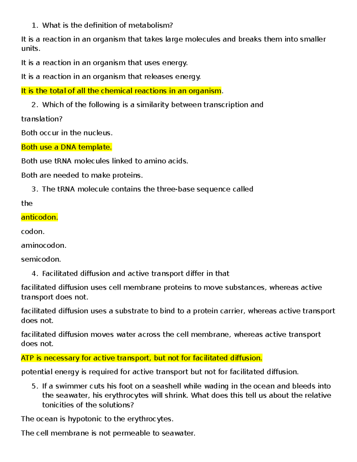Quiz - Assignment - Transport & Protein Synthesis (BIO101) - Studocu
