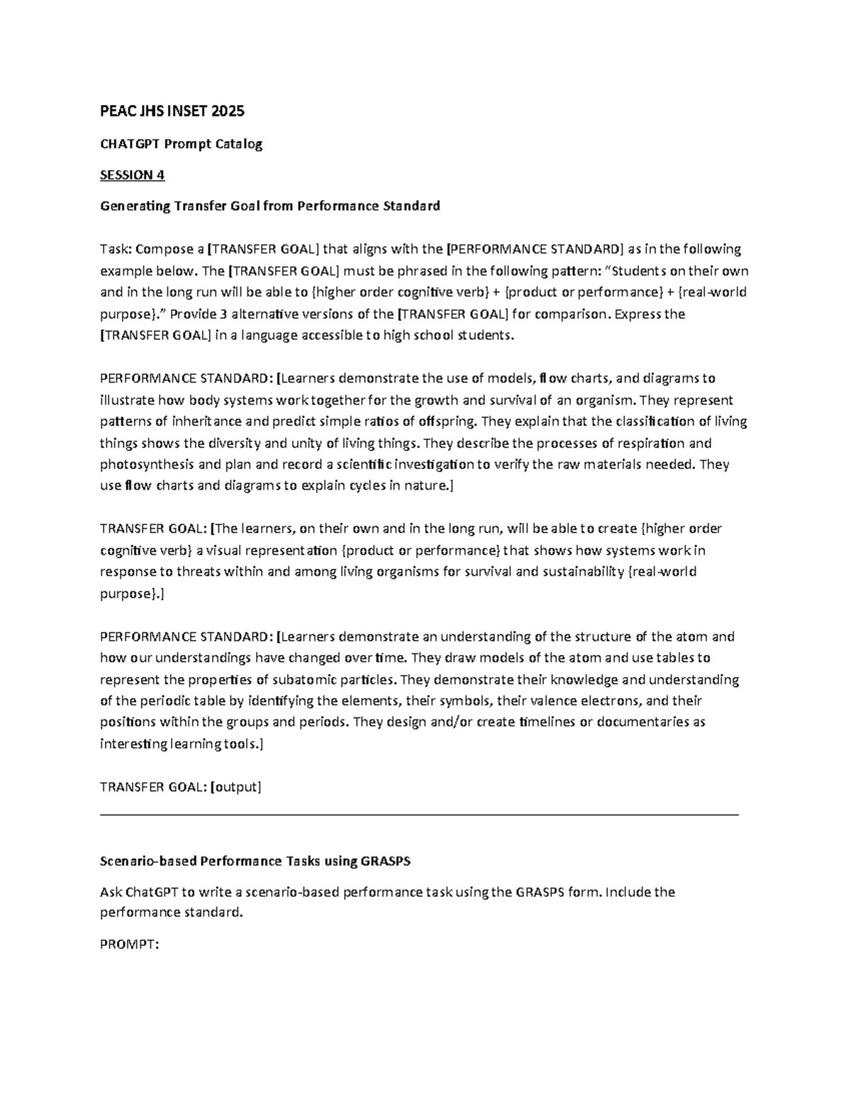PEAC JHS INSET 2025 CHATGPT Prompt Catalog: Performance Tasks ...