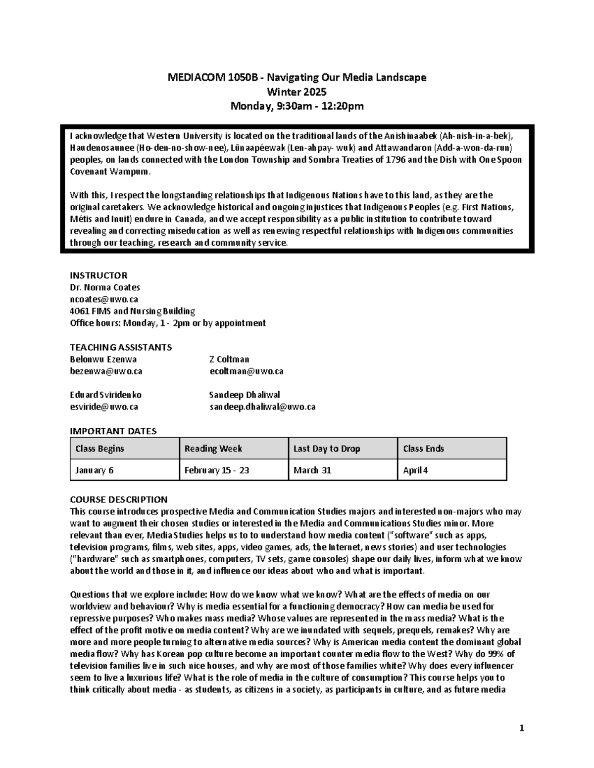 MediaCom 1050B Winter 2025 Course Outline and Important Information ...