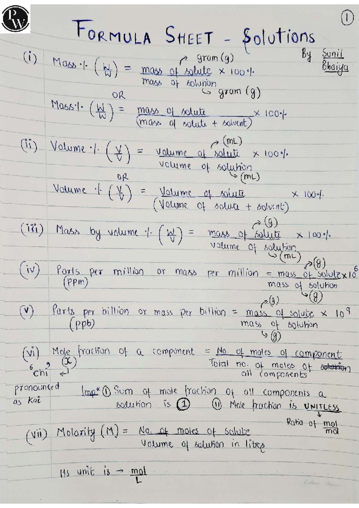 PW 1 FORMULA SHEET - Key Solutions by Sunil Bhaiya - Studocu