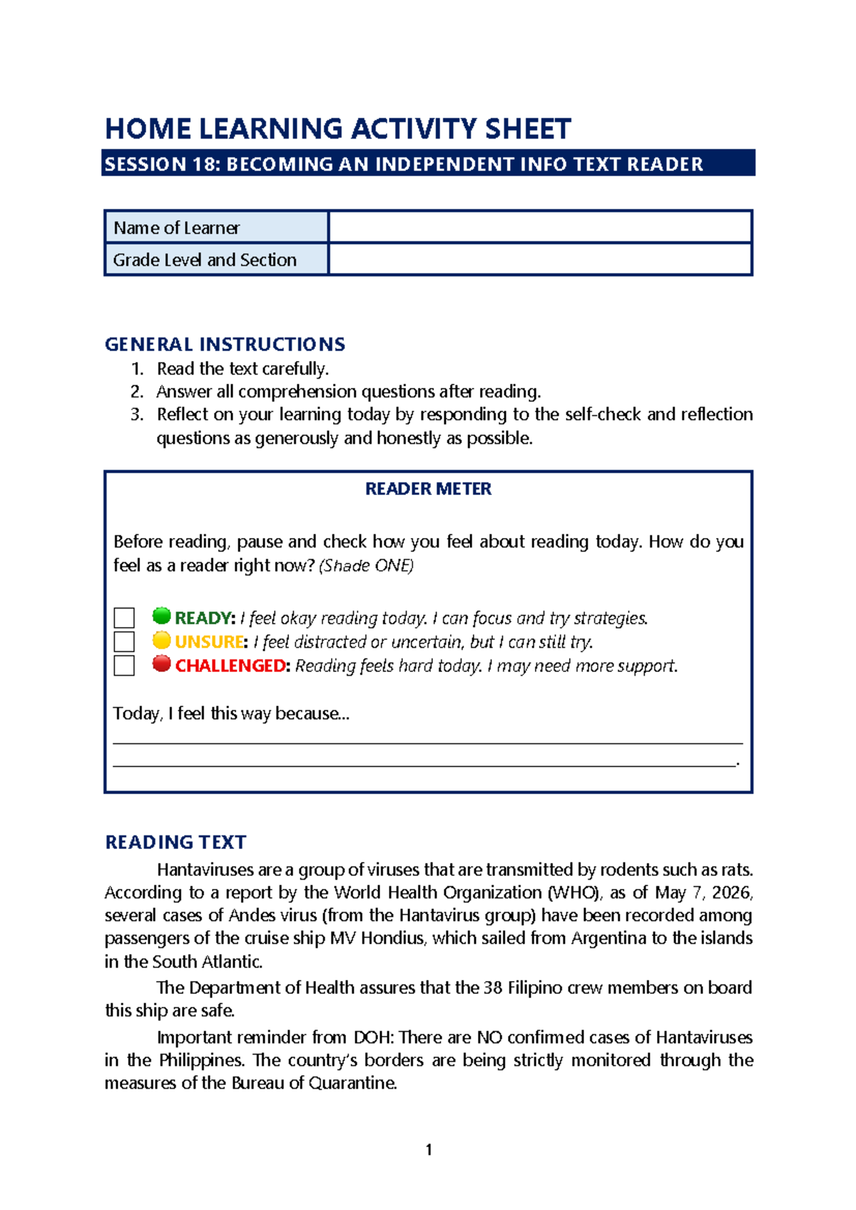 HOME LEARNING ACTIVITY SHEET SESSION 18: INDEPENDENT INFO TEXT READER ...