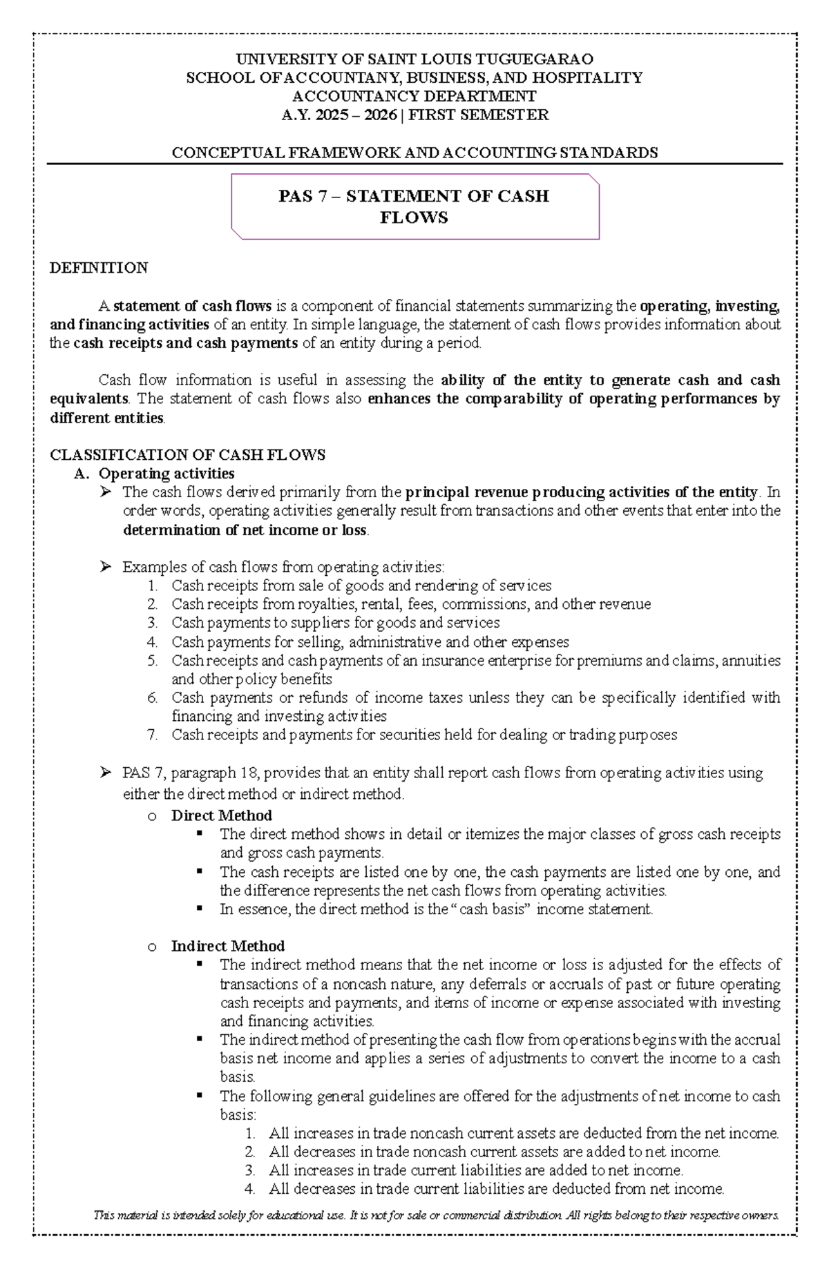 PAS 7 - Statement of Cash Flows: Conceptual Framework & Standards - Studocu