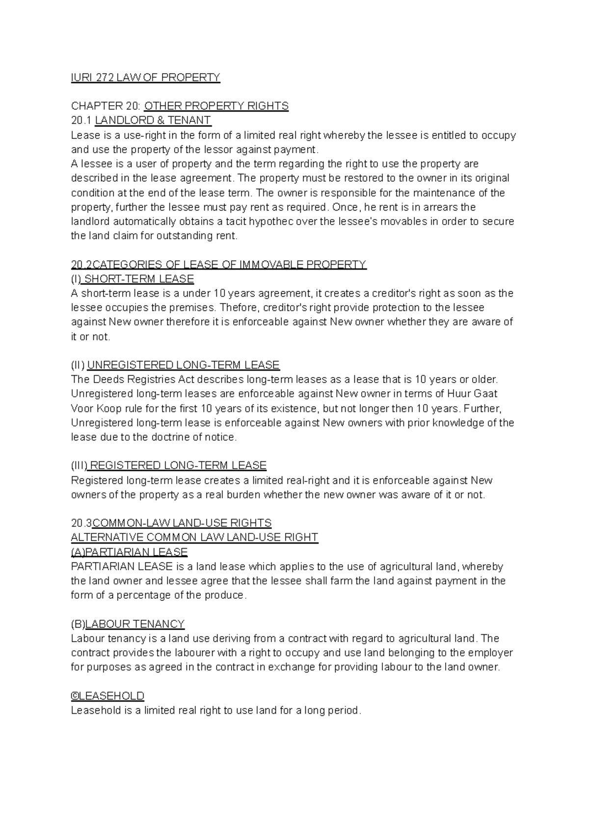 IURI 272 LAW OF PROPERTY CHAPTER 20: OTHER PROPERTY RIGHTS - Studocu