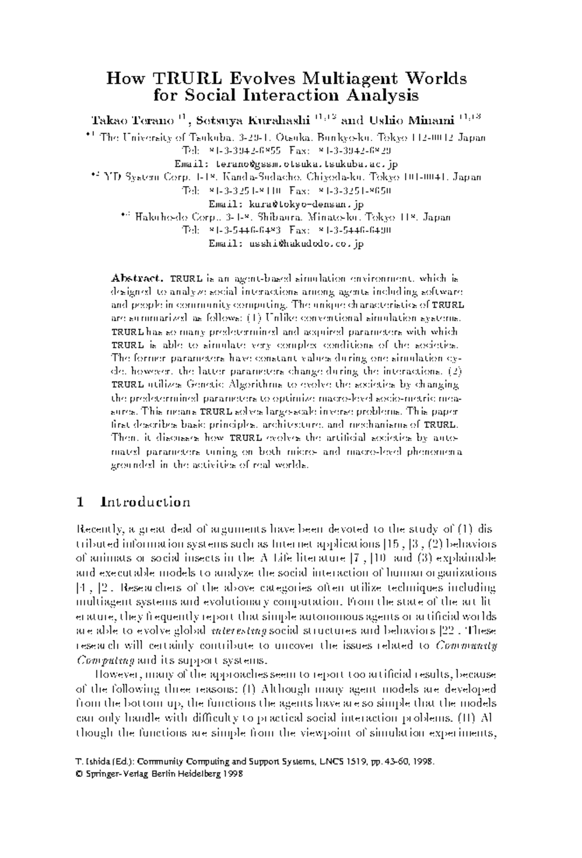 Lecture Notes for Computer Science 1519: TRURL and Multiagent Systems ...