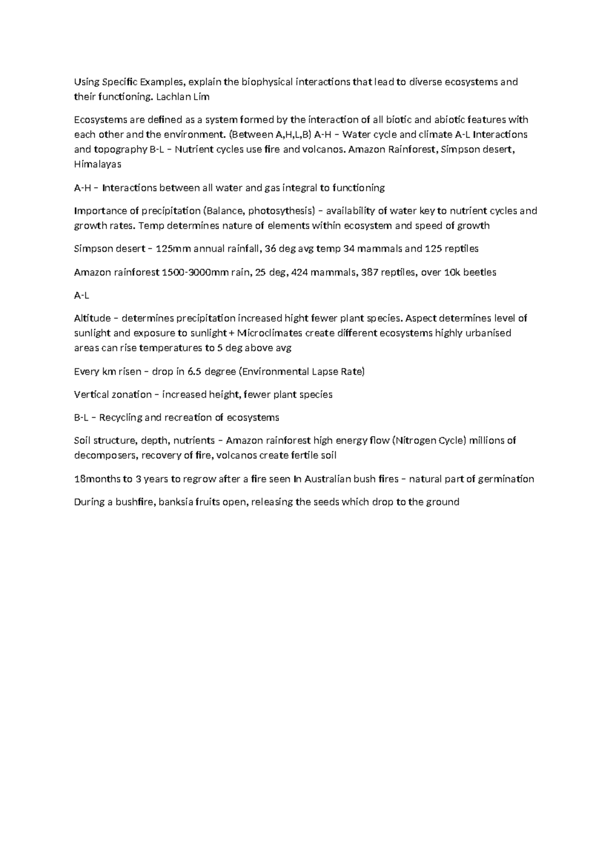 Geo Ecosystems Essay Plan 1: Biophysical Interactions & Diversity - Studocu