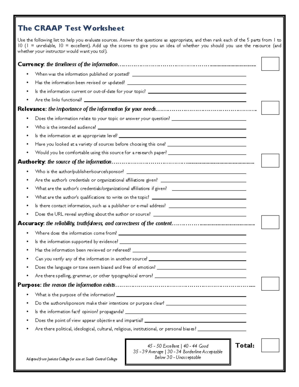CRAAP Test Worksheet for Evaluating Source Reliability - Studocu