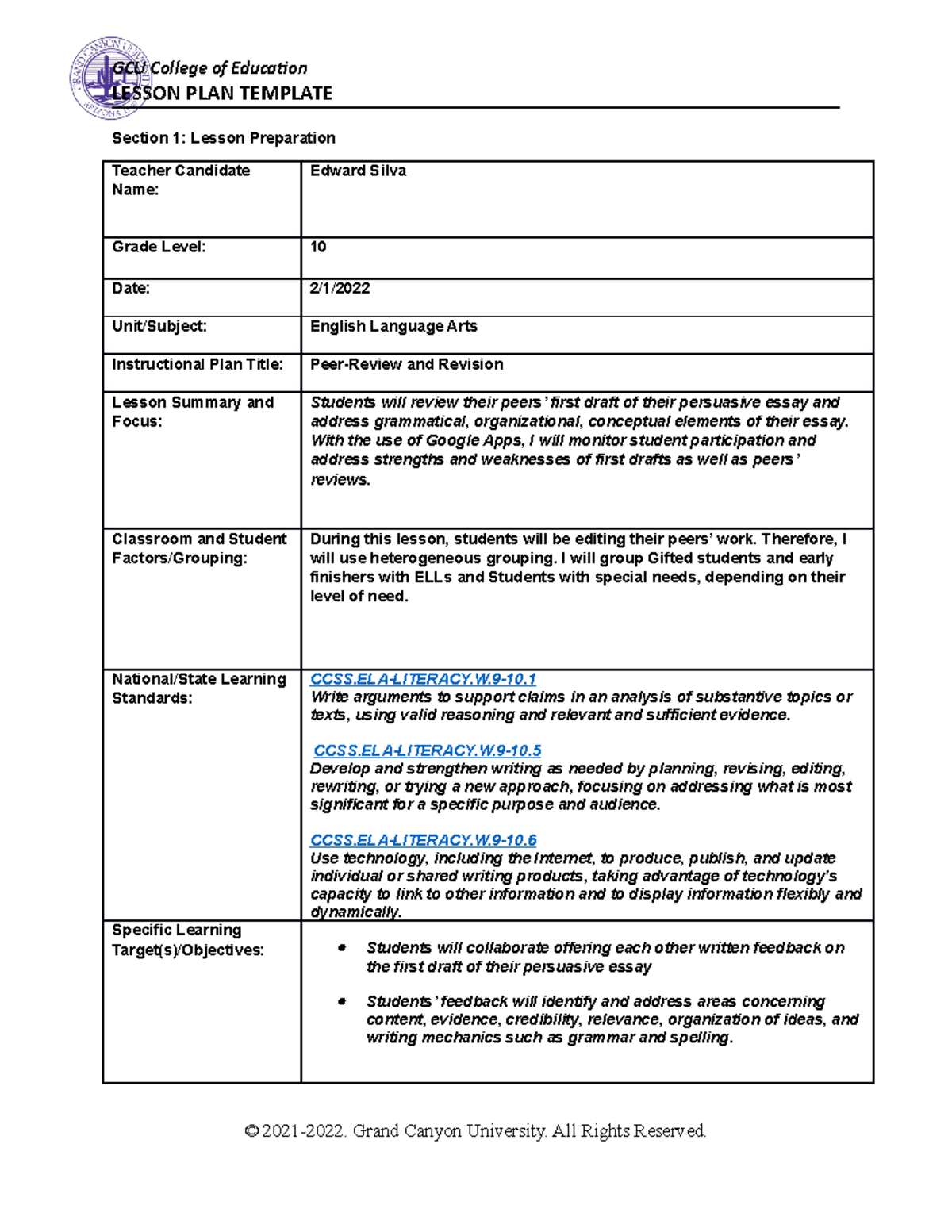 ENG 470 Lesson Plan 2: Peer Review and Essay Revision Strategies - Studocu
