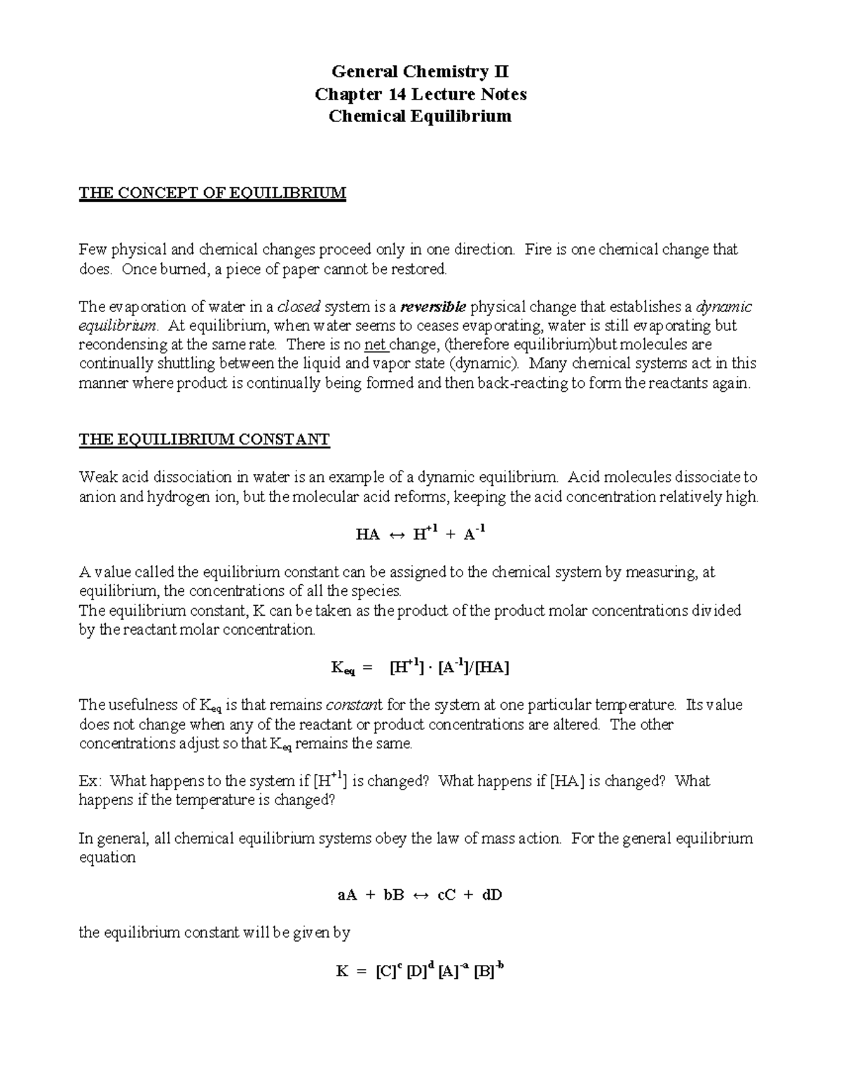 Chapte 14 Lecture Notes - General Chemistry II Chapter 14 Lecture Notes ...